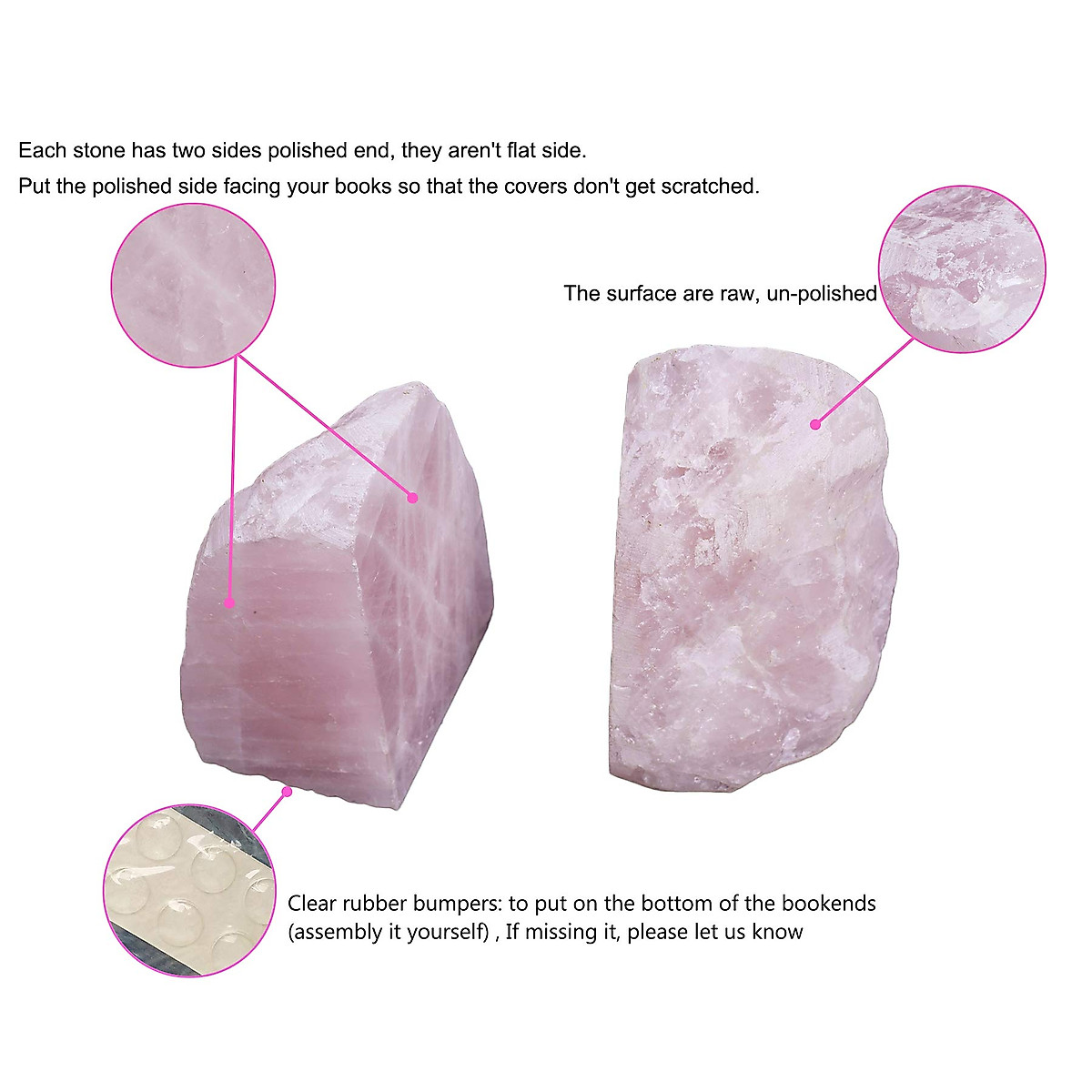 AMOYSTONE Rose Quartz Crystal Stone Bookends Small Bookcase Home Office with Rubber Bumpers 1 Pair 2-3 LBS