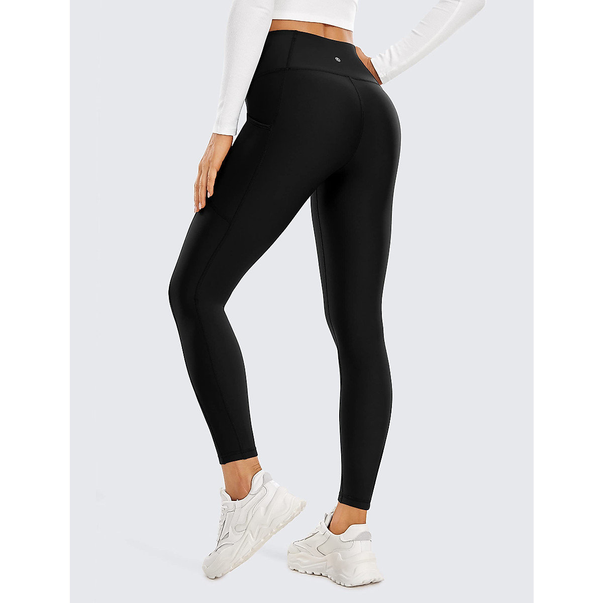 CRZ YOGA Thermal Fleece Lined Leggings Women 25'' - High Waisted Winter Workout Hiking Pants with Pockets Warm Running Tights Black Medium