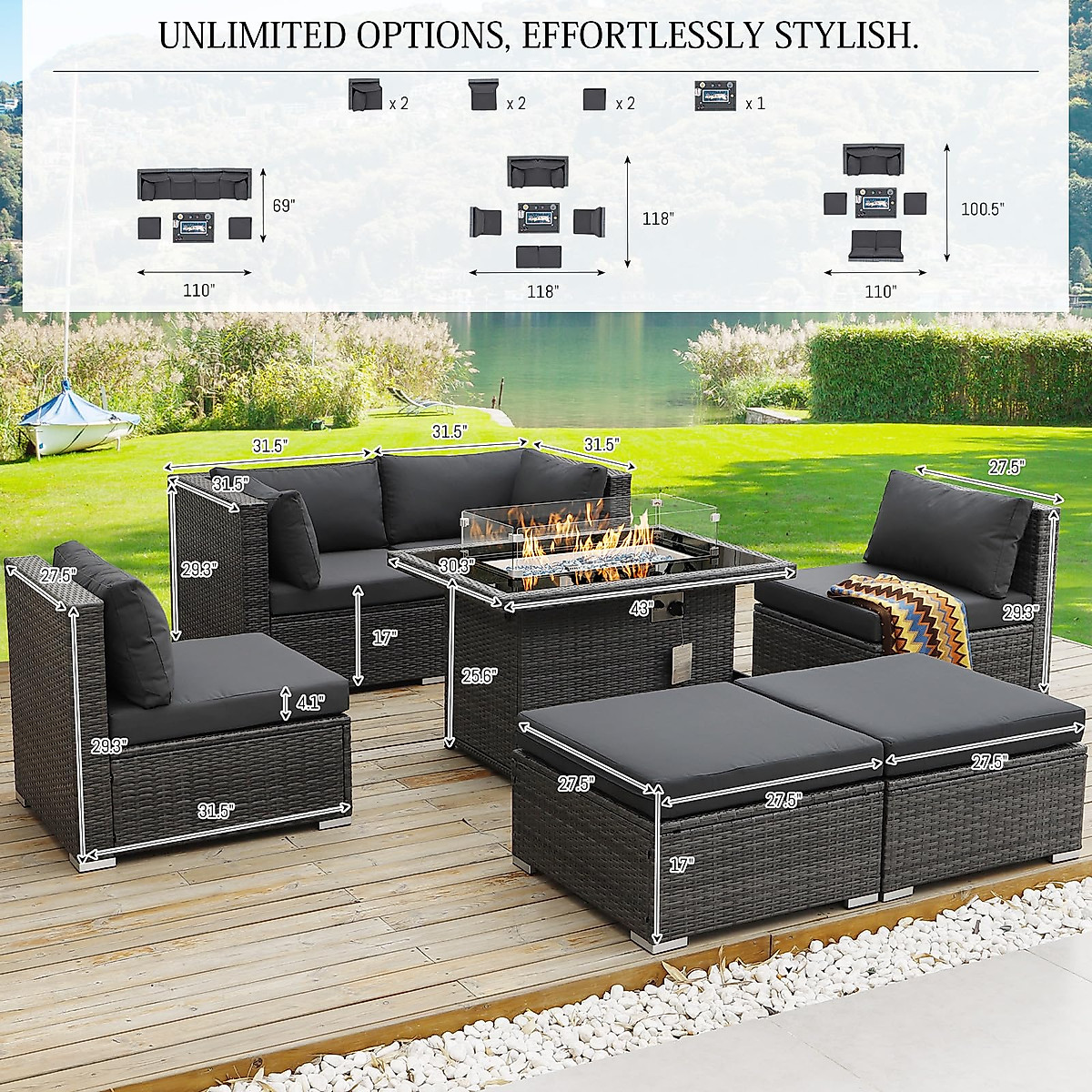 BULEXYARD Grey PE Wicker Patio Furniture Sectional Conversation Sofa Set with 43" Propane/Natural Gas Fire Pit Table, Large Size High Back Outdoor Furniture Set with Fireplace(7Pcs, Dark Grey)