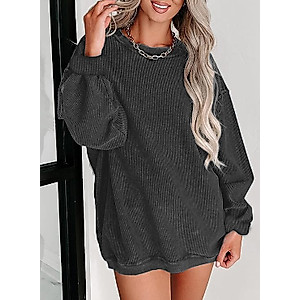 Womens Crewneck Sweatshirt Casual Oversized Corduroy Corded Sweatshirt Winter Long Sleeve Comfy Pullover Top(DGR,M)