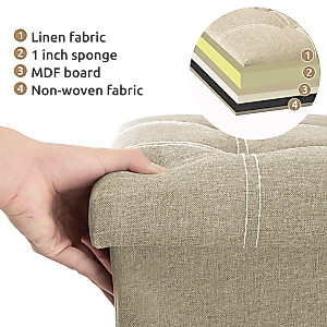 YOUDENOVA 15 inches Storage Ottoman Cube, Foldable Storage Boxes Footrest Step Stool, Padded Seat for Dorm Living Room, Support 300lbs, Line Fabric Beige