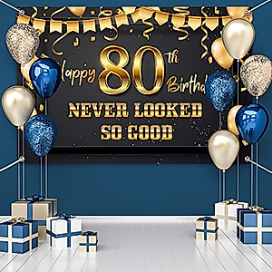 HAMIGAR 6x4ft 80 Never Looked So Good Banner Backdrop - Funny Happy 80th Birthday Decorations Party Supplies for Men Women - Black Gold