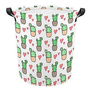 Cartoon Love Cactus Pattern Large Laundry Basket Hamper Bag Washing with Handles for College Dorm Portable