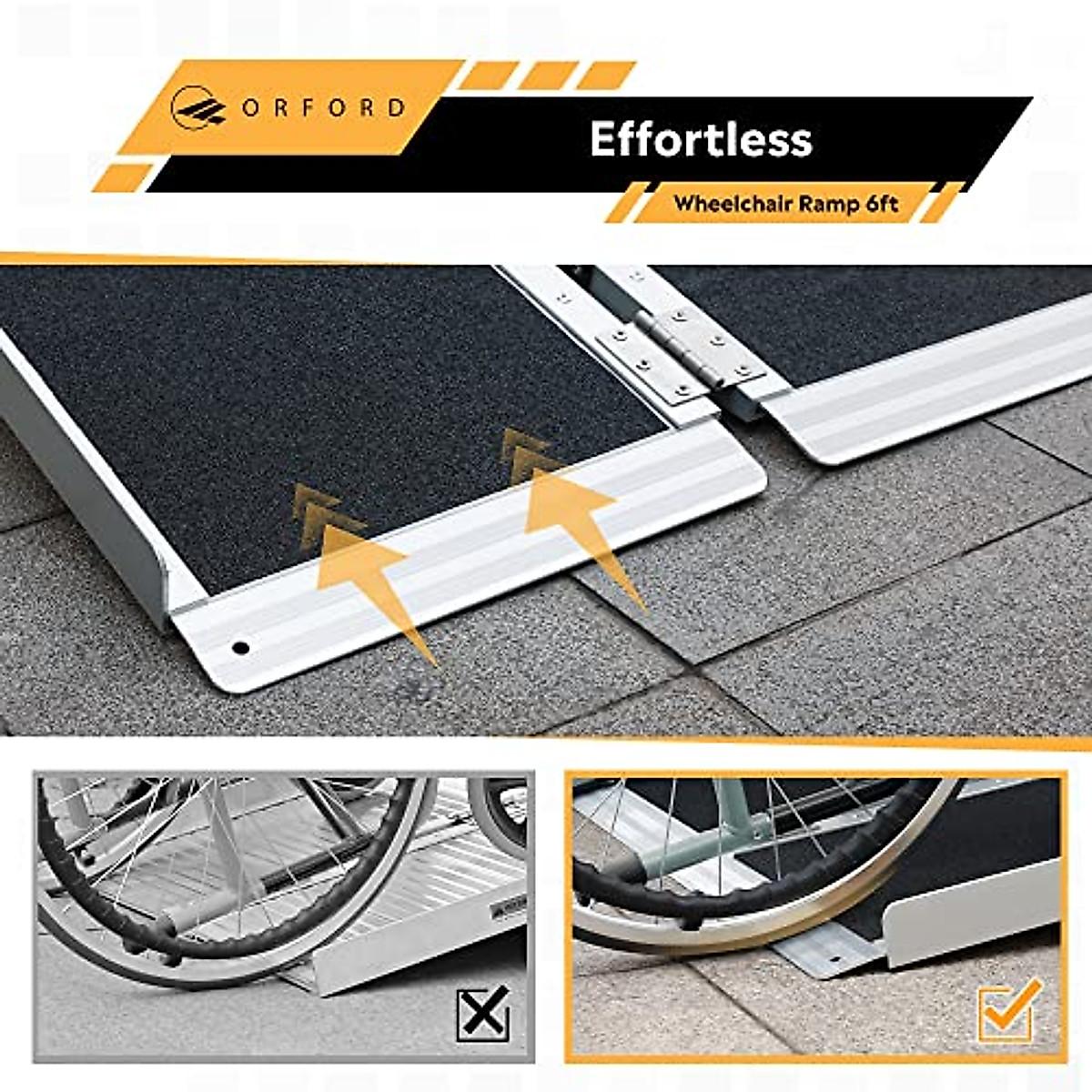 ORFORD Non Skid Wheelchair Ramp 6FT, Threshold Ramp with an Applied Slip-Resistant Surface, Portable Aluminum Foldable Mobility Scooter Ramp, for Home, Steps, Stairs, Doorways, Curbs