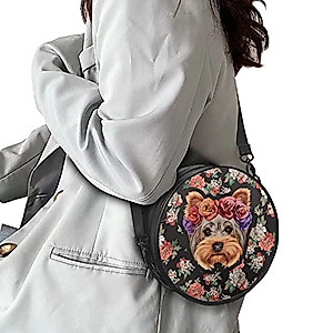 SCRAWLGOD Women Round Satchel Bag Yorkshire Terrier Dog Floral Print Small Crossbody Bags Cell Phone Purse Clutch Messenger Shoulder Handbag