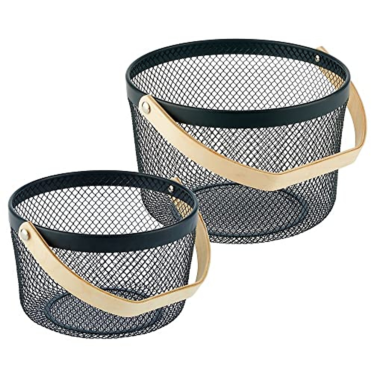 mDesign Farmhouse Metal Storage Organizer Basket Bin with Wood Handles - for Bathroom, Office, Entryway, Closet, Cabinet, Bedroom, Laundry Room, Nursery, Kids Toy Room, Set of 2 - Black