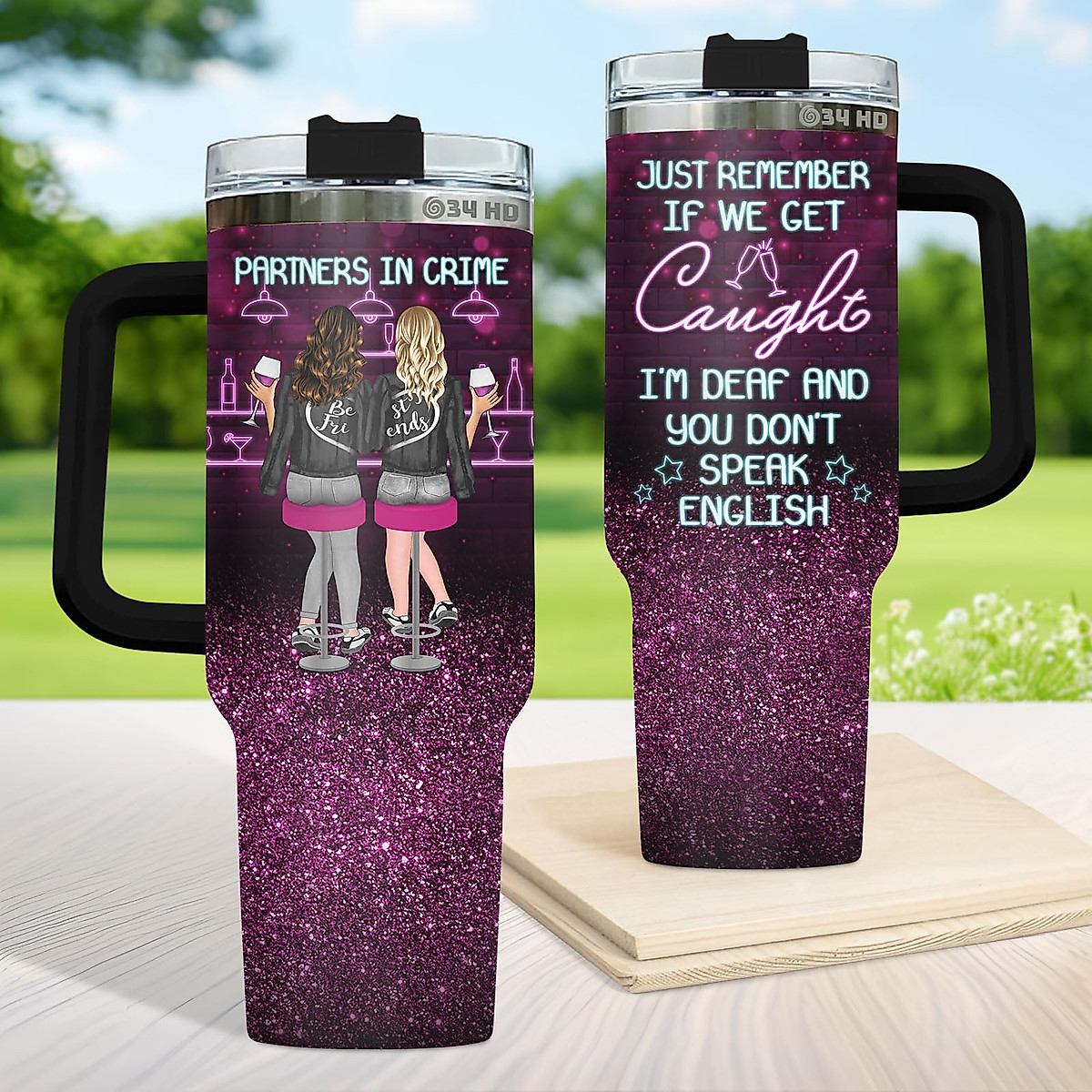 34HD 40oz Insulated Tumbler with Handle – Partners in Crime Birthday Gift for Best Friends or Sisters – Funny Stainless Steel Travel Mug – Keeps Drinks Hot or Cold – Fun Bar Night Quote Design