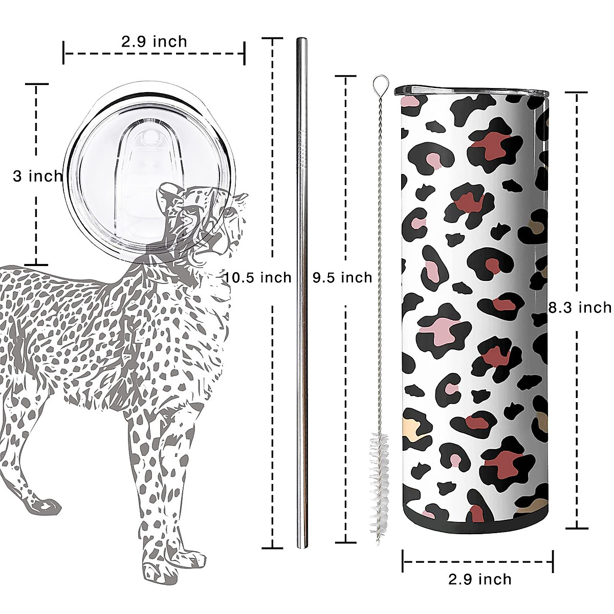 Cheetah Print Tumbler With Lid and Straw- 20 oz Stainless Steel Vacuum Insulated Leopard Skinny Tumblers Cups - Coffee Travel Mug Cup- Birthday Christmas Gifts for Mom, Women, Sister, Friends