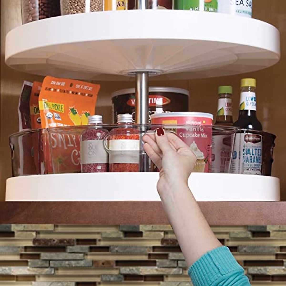 mDesign Plastic Lazy Susan Cabinet Storage Bin with Front Handle for Kitchen Countertop, Pantry, Shelf, Fridge Organization - Hold Food, Drinks, Snacks - Ligne Collection - Smoke Gray Tint