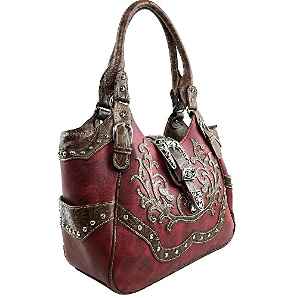 Justin West Tooled Laser Cut Leather Floral Embroidery Rhinestone Buckle Studded Shoulder Concealed Carry Tote Style Handbag Purse (Red Purse)