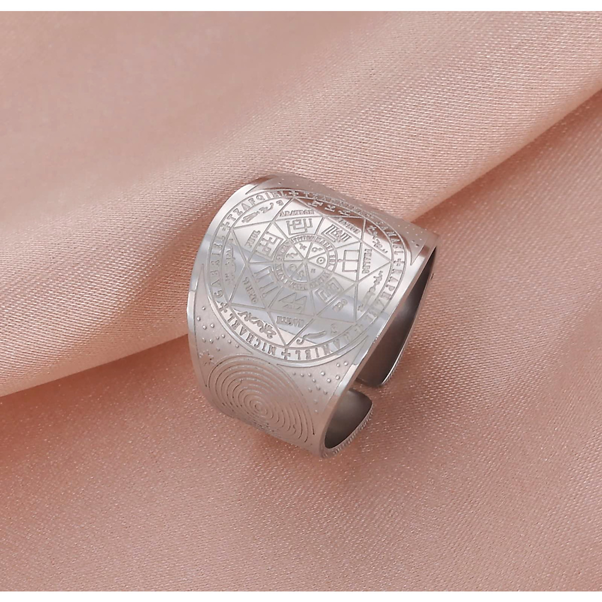 SIPURIS Seals of The Seven Archangels Men Rings Seal Of Solomon Adjustable Signet Ring Amulet kabbalah Stainless Steel Statement Band Ring Jewelry for Men Women (10, Sliver)