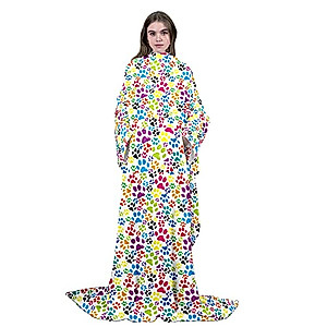 Dog Wearable Blanket 70x50, Colorful Little Paws Print Oversized Fleece Blanket Bedroom Dorm Decor, Cartoon Pet Animal Wearable Blanket Sweatshirt, Colorful Patchwork Warm Oversized Fleece Blanket
