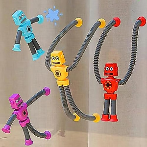 Bendable Robot Figures, Set of 4 Flexible Men, Telescopic Suction Cup Robot Toy, Telescopic Pop Tubes, Fidget Tubes Sensory Toys for Girls Boys