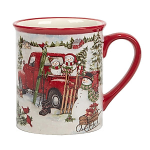 Certified International Red Truck Snowman 16 oz. Mugs, Set of 4, Multicolor