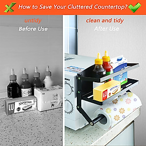 Foldable Magnetic Paper Towel Holder Refrigerator Storage Spice Rack with 3 Mobile Hooks and Paper Towel Holder(Single Layer /Black) Strong Magnetic Shelf for Refrigerator