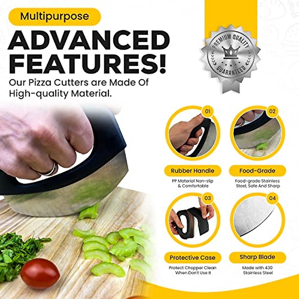 Kitchen TX Premium Pizza Cutter Rocker - Sharp Stainless Steel Pizza Knife with Cover - Pizza Slicer with Ergonomic Silicone Handle - Cheese Cutter, Chopper & Mincer - Dishwasher Safe & Easy to Clean