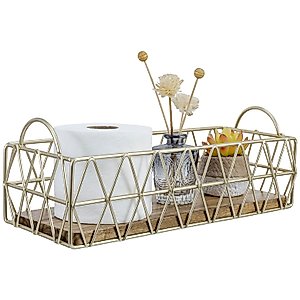 MyGift 16 Inch Toilet Tank Storage Tray with Premium Solid Acacia Wood Base and Brass Tone Metal Geometric Wire Frame, Bathroom Sink Vanity Toilet Paper Holder with Handles