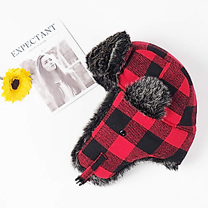 ONWAY Trapper Hat Winter Hats for Women Men with Faux Fur Ear Flaps Red