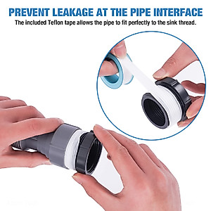 NiHome Expandable Flexible 1 1/2" or 1 1/4" P-Trap Pipe for Double Kitchen Sink, with Adapter Sealing Ring Tape Drain Tubing Pipe Kit for Kitchen Sink Drain & Garbage Disposal (Grey)