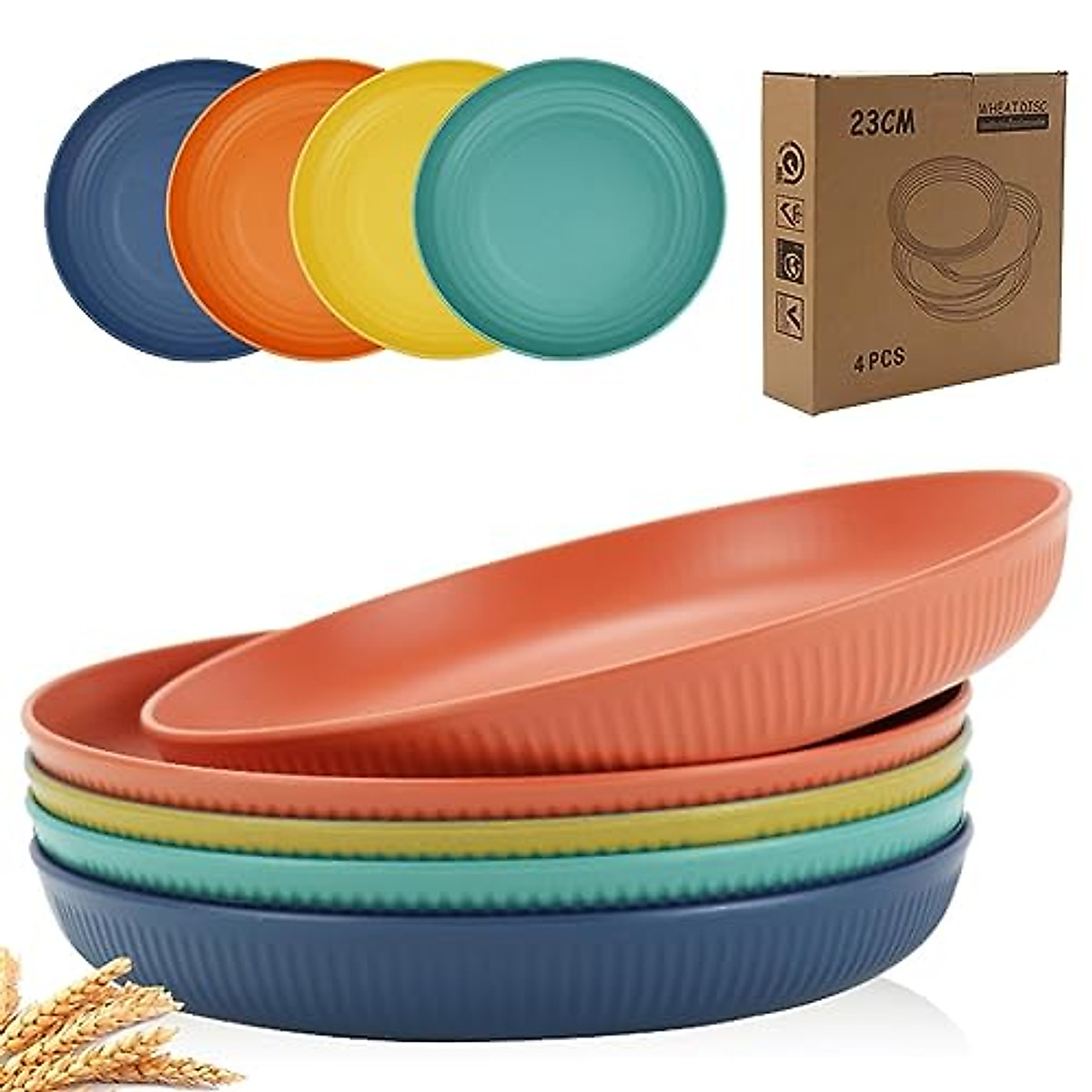 PUPOPIK 9 Inches Unbreakable Wheat Straw Plates - Reusable Plate 4 Set - Dishwasher & Microwave Safe - Dinner Dishes- Healthy BPA Free, Salad Platest - Camping Picnic Plastic Plate for Kids