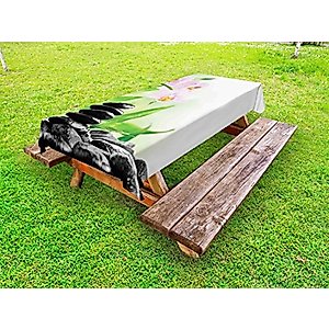 Ambesonne Spa Outdoor Tablecloth, Basalt Stones and Orchid with Dew Peaceful Nature Theraphy Massage Meditation, Decorative Washable Picnic Table Cloth, 58" X 120", Black Pink Green