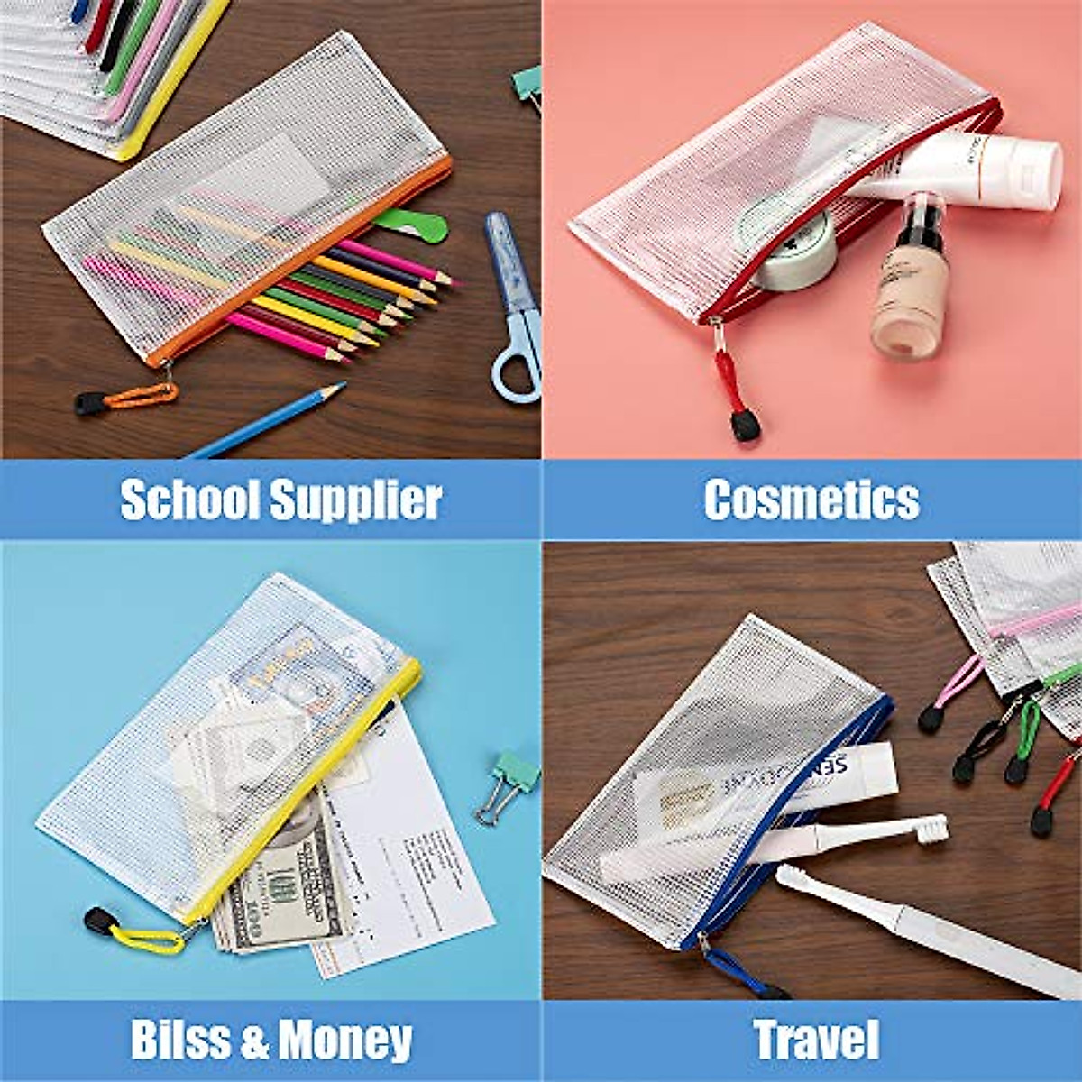 Sooez 24 Pack Mesh Zipper Pouch, Poly Zip Envelope with Label Pocket, Pencil Case Bulk, Pencil Bags Zipper Pencil Pouch, Reusable Envelopes, for Bills, Cash, Cosmetics, 9.1×4.7 Inches