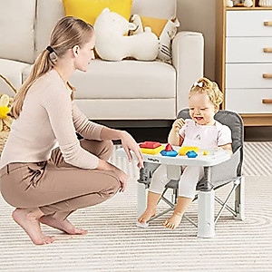 BABY JOY Travel Booster Seat with Double Tray, Folding Portable High Chair Booster Seat for Dining Table, Indoor/Outdoor Use, Camping, Beach, Lawn, Compact Baby Seat with Straps & Carrying Bag