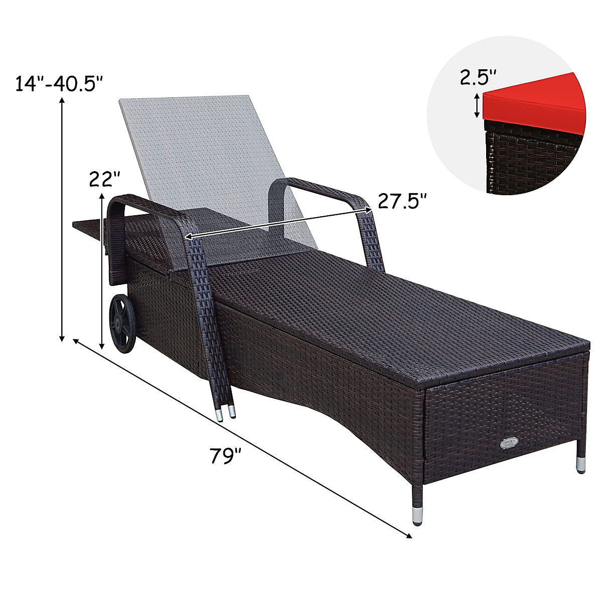 Tangkula Patio Wicker Chaise Lounge Chair with Wheels, Adjustable Rattan Reclining Chair with Armrests & Cushions, Red & Off White Cover, Outdoor Recliner Chair for Pool Deck Beach Backyard (1, Brown)