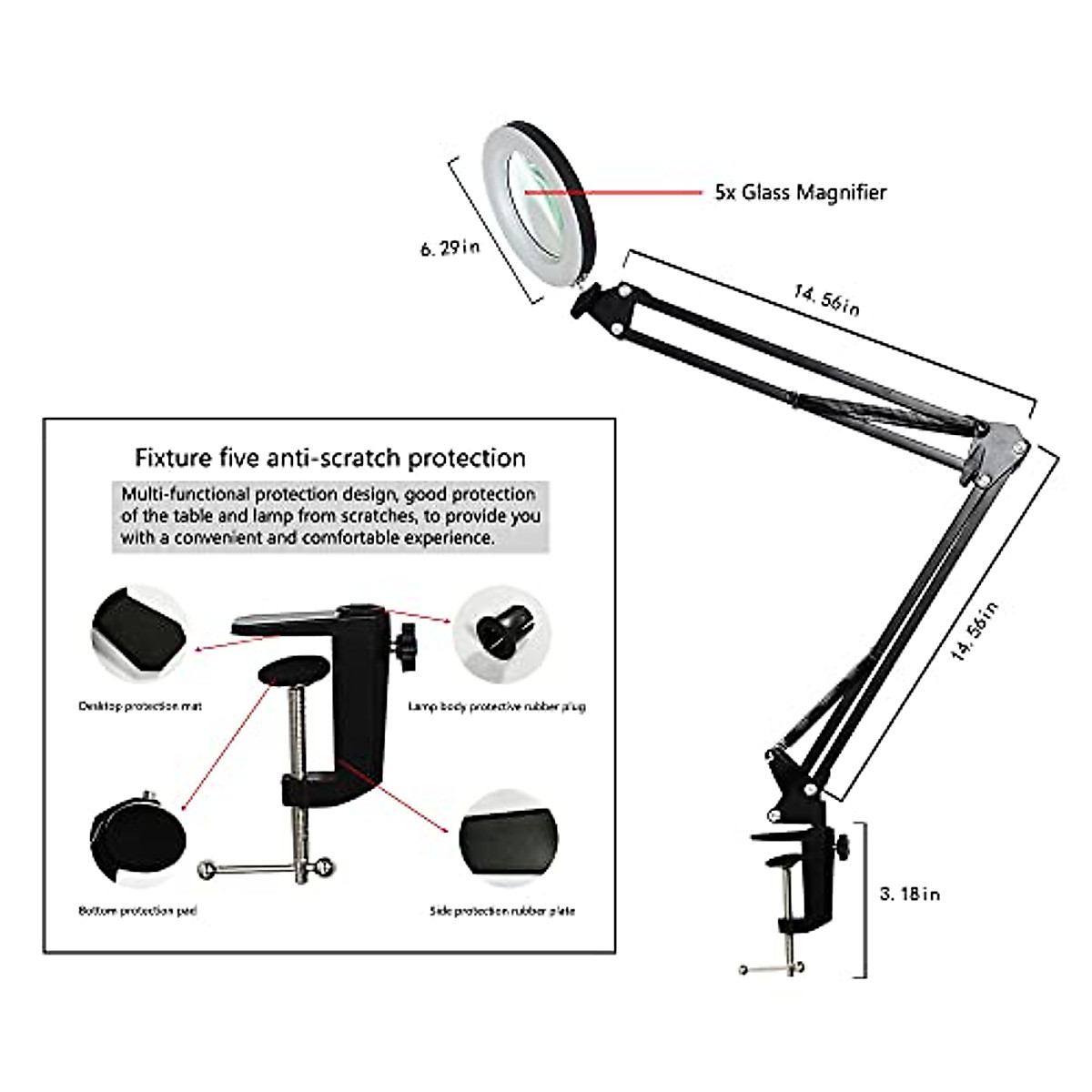 Magnifying Desk Lamp, Magnifying Glass with Light and Stand, 3 Color Modes, Magnifying Lamp with Clamp, Adjustable Swivel Arm with Light to Read Close Work (Black)