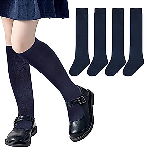 4 Pairs Girls Knee High Socks Cotton Knit Over Craft Thigh High Socks for Baby Toddler School Uniform(Dark blue,Medium)