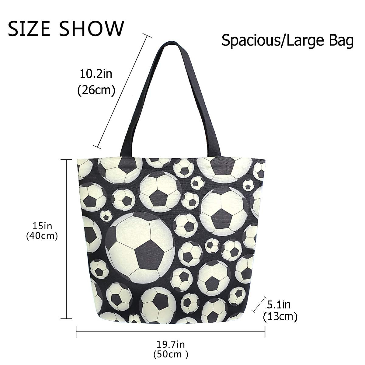 ZzWwR Cute Soccer and Football Balls Pattern Large Canvas Gym Beach Travel Reusable Grocery Shopping Tote Bag Foldable Handbag,Black White