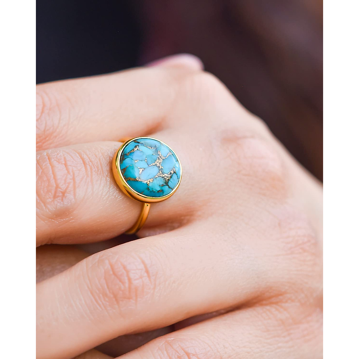 YoTreasure 13x14 MM Blue Copper Turquoise Ring 14k Gold Plated Over 925 Silver Jewelry