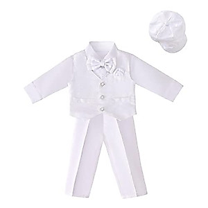 Dressy Daisy Infant Baby Boy Christening Clothing Baptism Outfit All White Suit Set with Bonnet Size 9-12 Months, Long Sleeve