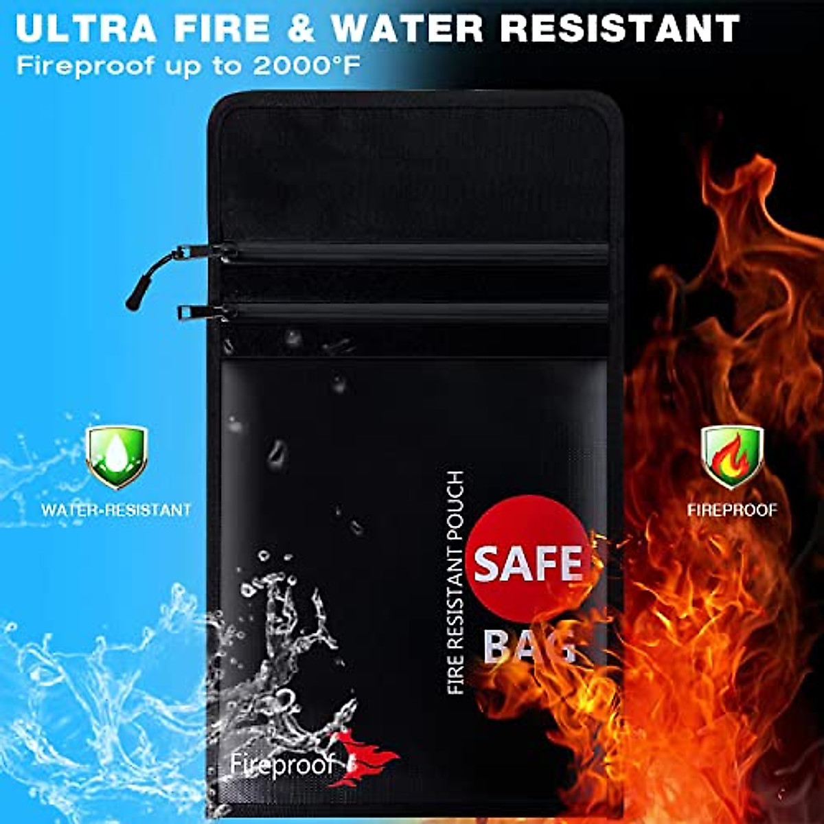 COLCASE Upgraded 2 Pockets Fireproof Document Bag (2000 ℉)15 x 11 Inches Silicone Coated Fireproof and Waterproof Money Bag Fireproof Safe Storage for Money, Documents, Jewelry and Passport