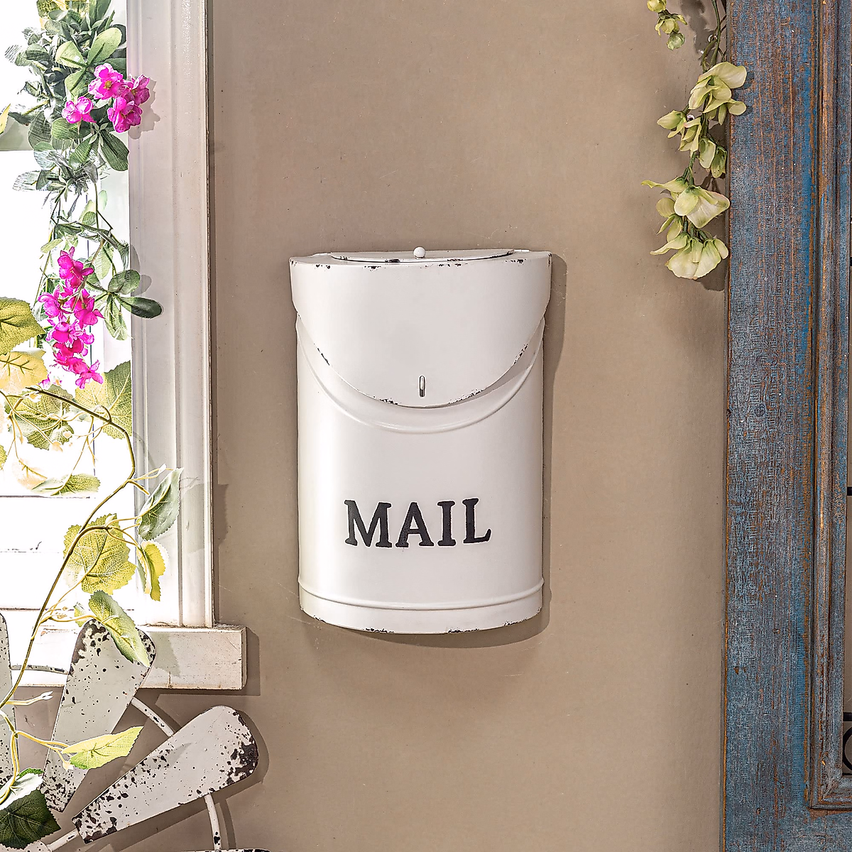 Rustic White Wall Mounted Mailbox Outdoor Metal Decorative Post Mail Box, Home Office Parcel Box with Drop Slot Secure Lock