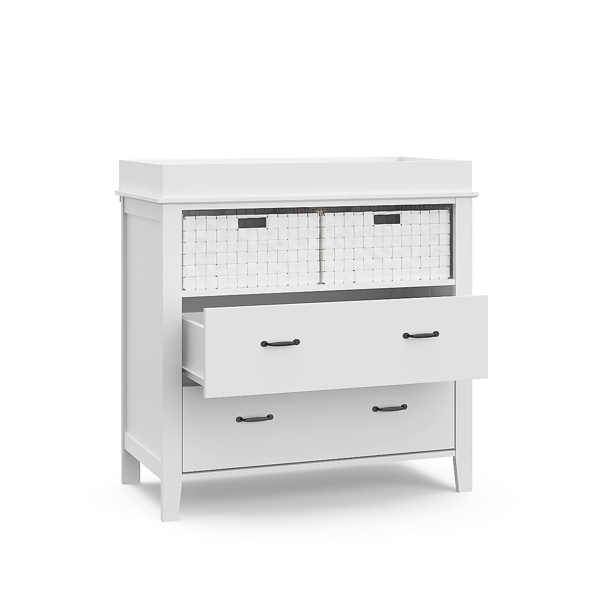 Storkcraft Forrest 2 Drawer Changing Table Chest with Baskets, Attached Changing Topper Fits Standard Size Changing Pad, 2 Drawers and 2 Open Shelves, White