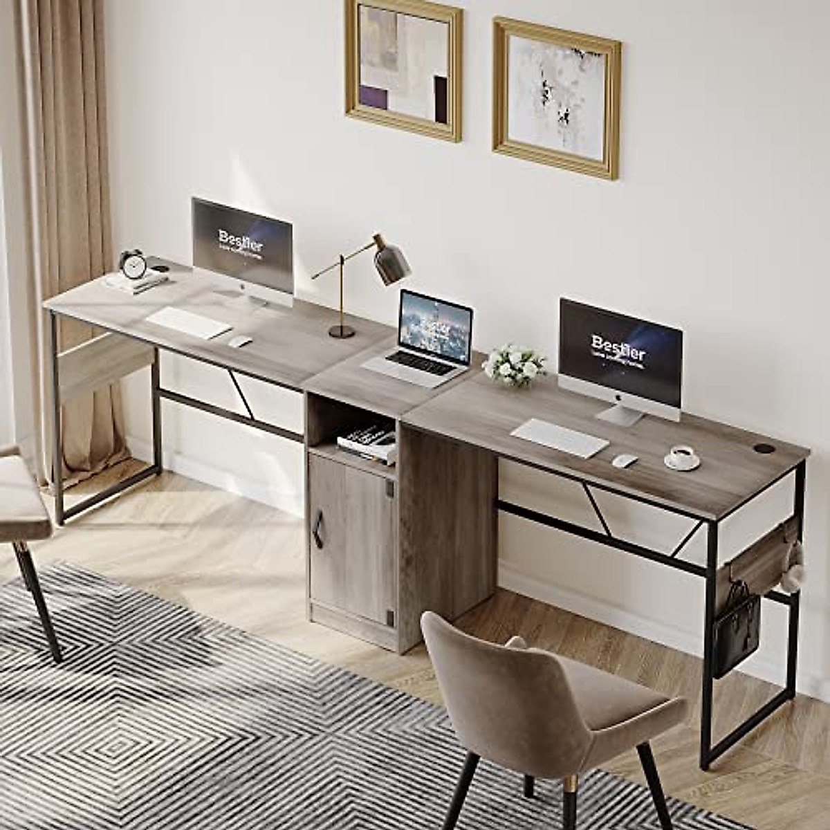 Bestier L Shaped Desk with File Cabinet Reversible Computer Desk 60'' Corner Desks Modern Long Desk 2 People Home Office Desk Study Workstation Table(Wash Grey)