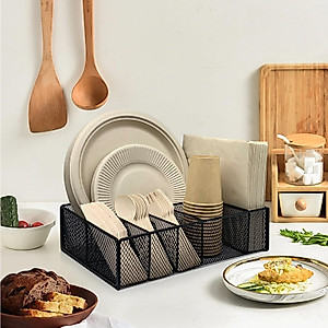 DysanVica Metal Paper Plate Dispenser - Utensil Holder for Kitchen Counter Cabinet Silverware Caddy Cutlery Flatware Organizer Storage Box for Plastic Spoon Fork Plates Napkins Cup Party Camping Black