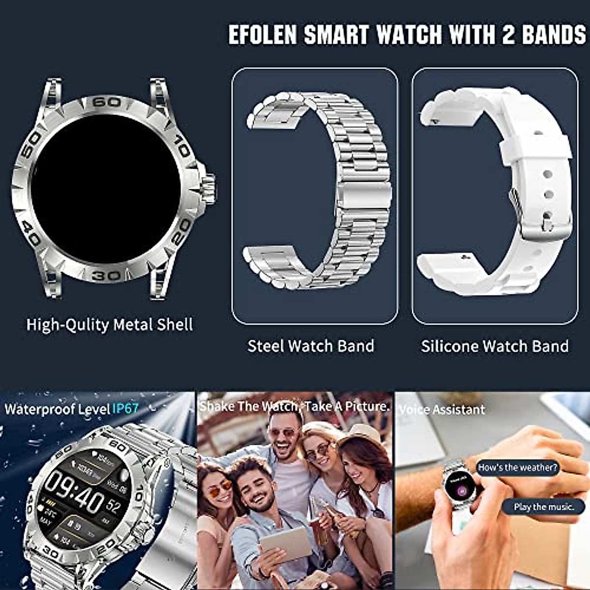 Efolen Smart Watches for Men (Answer/Dial Calls), 1.39" Bluetooth SmartWatch for Android and iPhone, IP67 Waterproof Outdoor Fitness Tracker with Heart Rate/SpO2/Sleep/BP/AI Voice (Silver)