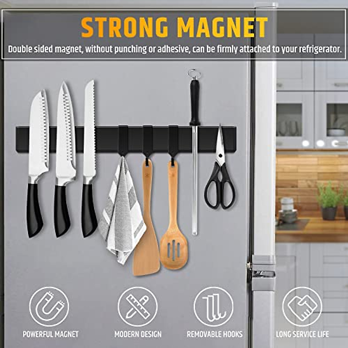 LERJU Fridge Applicable 17 Inch Double Sided Magnetic Knife Holder - Stainless Steel Knife Strip With Powerful Magnetic Pull Force - Use as Kitchen Knife Holder, Knife Rack & Tool Holder - Matte Black