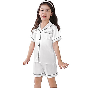 SWOMOG Satin Pajamas for Girls Boys Baby Button-Down Pjs Sets Two-Piece Lounge Sets Classic Silk Sleepwear White