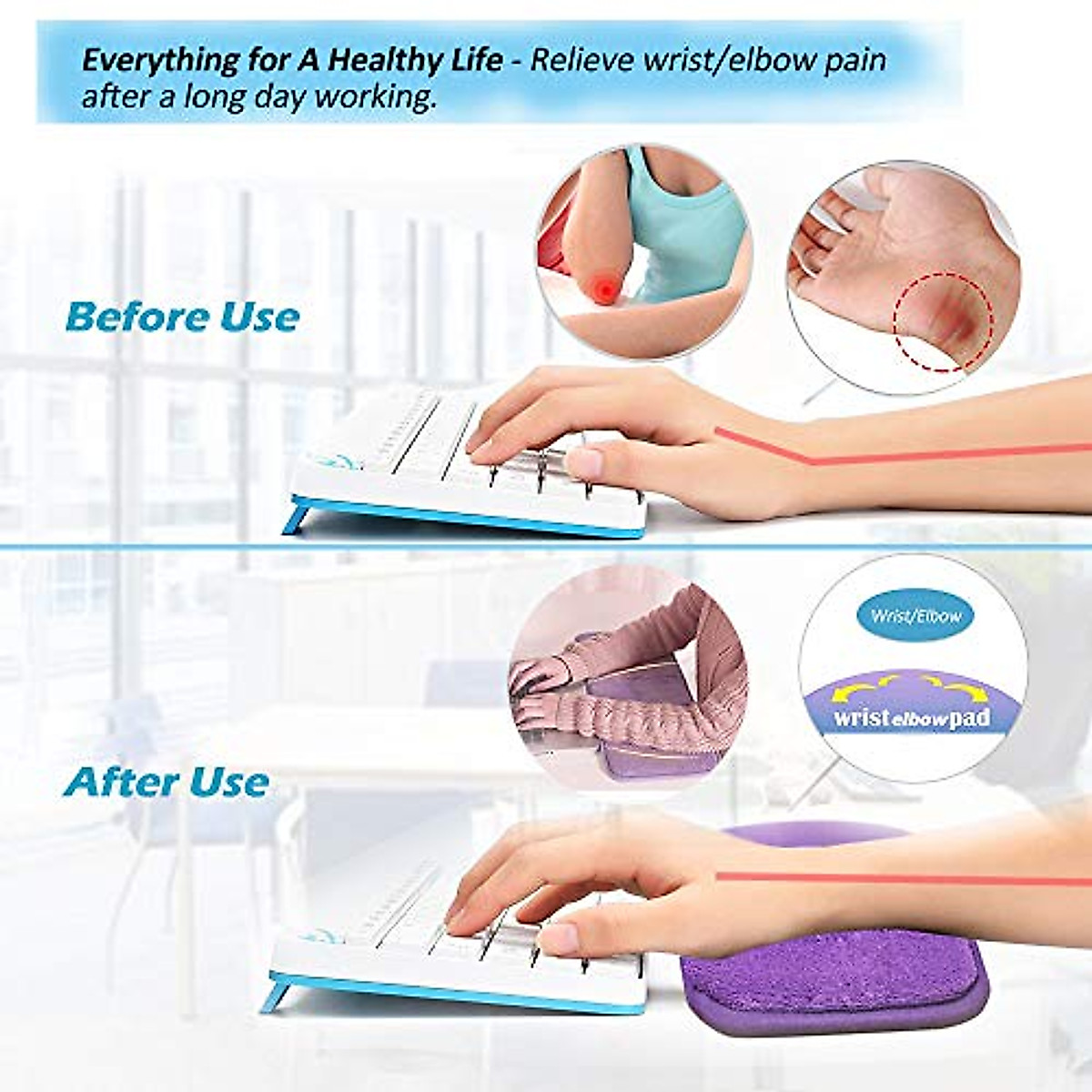 Computer Wrist Elbow Pad, Creatiee Premium Memory Cotton Desktop Keyboard Arm Rest Support Mat for Office Desktop Working Gaming - Less Elbow Pain(Long-Sized, 7.9 x 31.5 inch)(Purple)