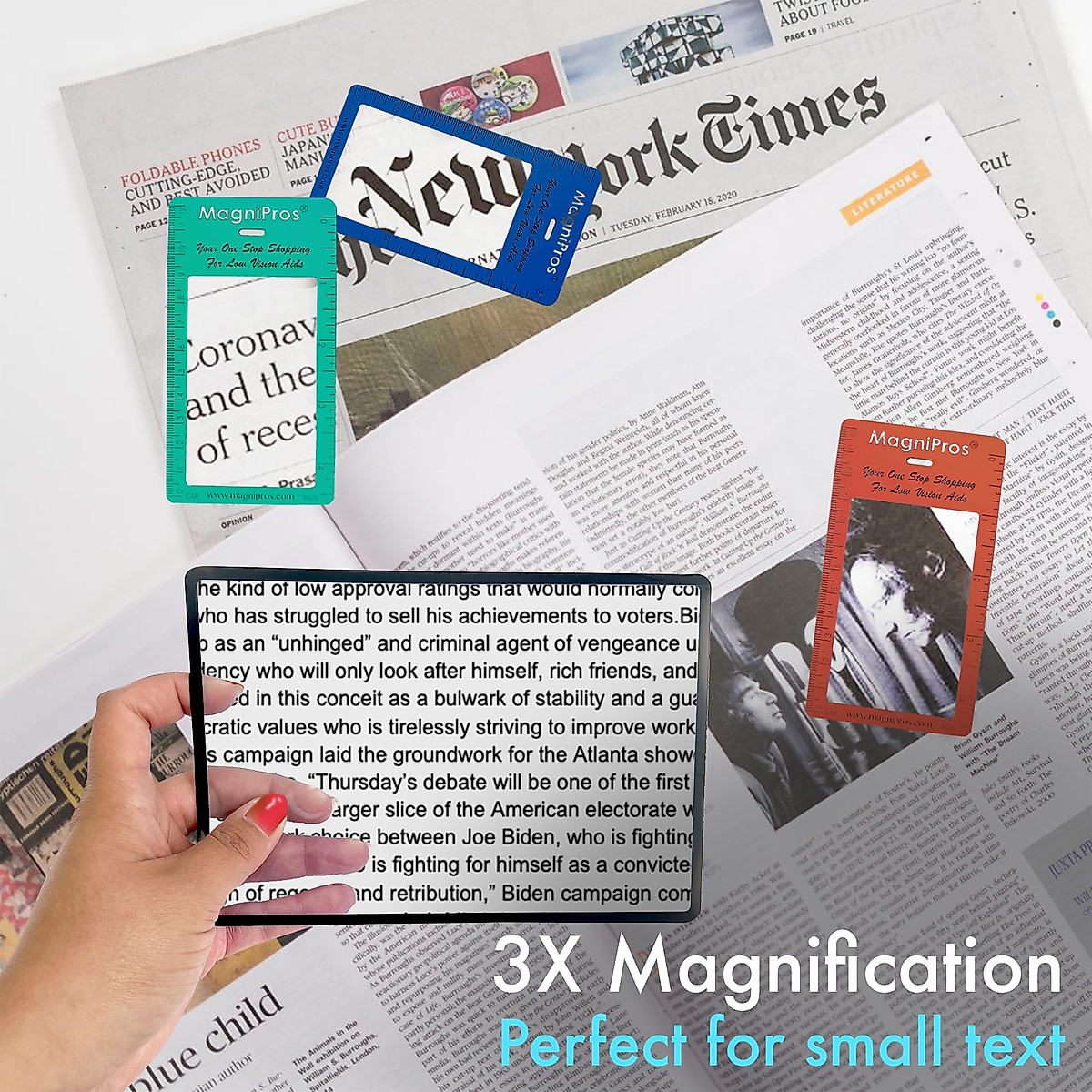 MagniPros Premium 3X (300%) Page Magnifying Lens with 3 Bonus Bookmark Magnifiers for Reading Small Prints, Low Vision Aids & Solar Projects