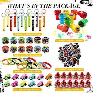122 Pcs Truck Party Favors Kits Set Truck Theme Mini Cars Toys Cartoon Tattoo Stickers Keychain Wristband Bracelet Badge Stamper Goody Treat Candy Bags for Girls Boys Birthday Party Supplies