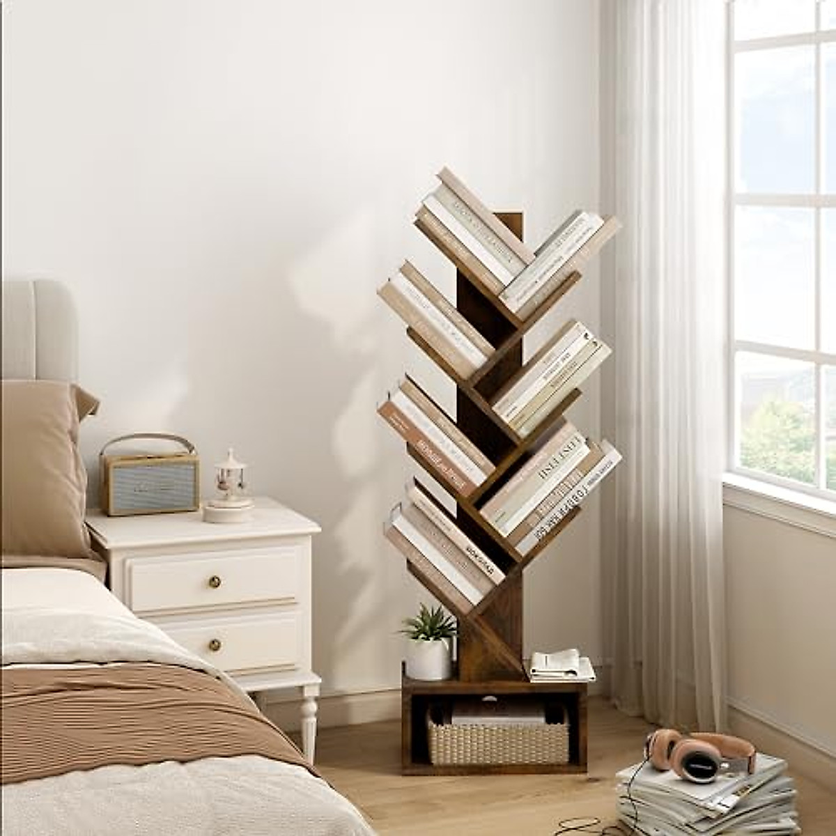 Hoctieon 6 Tier Tree Bookshelf, 6 Shelf Bookcase with Drawer, Modern Book Storage, Free Standing Tree Bookcase, Utility Organizer Shelves for Home Office, Living Room, Bedroom, Rustic Brown