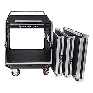 Sound Town Enhanced 1/2" (12mm) Plywood 10U PA DJ Pro Audio Rack/Road ATA Case with 11U Slant Mixer Top, 20’’ Rackable Depth and Casters, 10 Space Size, Pro Tour Grade (STMR-10UW)