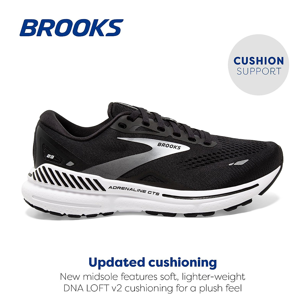 Brooks Men’s Adrenaline GTS 23 Supportive Running Shoe - Black/White/Silver - 9.5 Medium