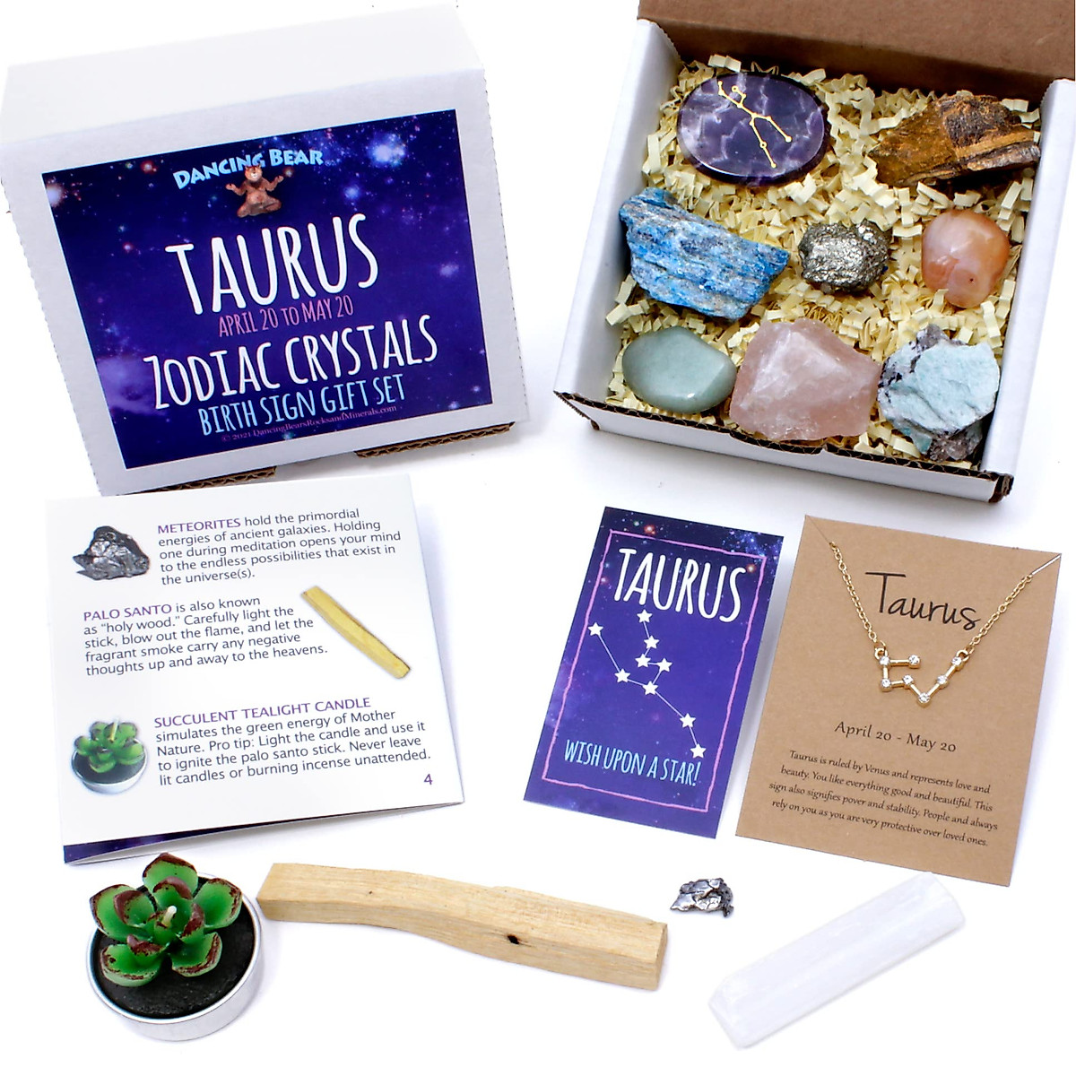 DANCING BEAR Taurus Zodiac Healing Crystals Gift Set (14 Pc): 9 Stones, 18K Gold-Plated Constellation Necklace, Meteorite, Succulent Candle, Palo Santo Smudge Stick & Info Guide, Made in The USA