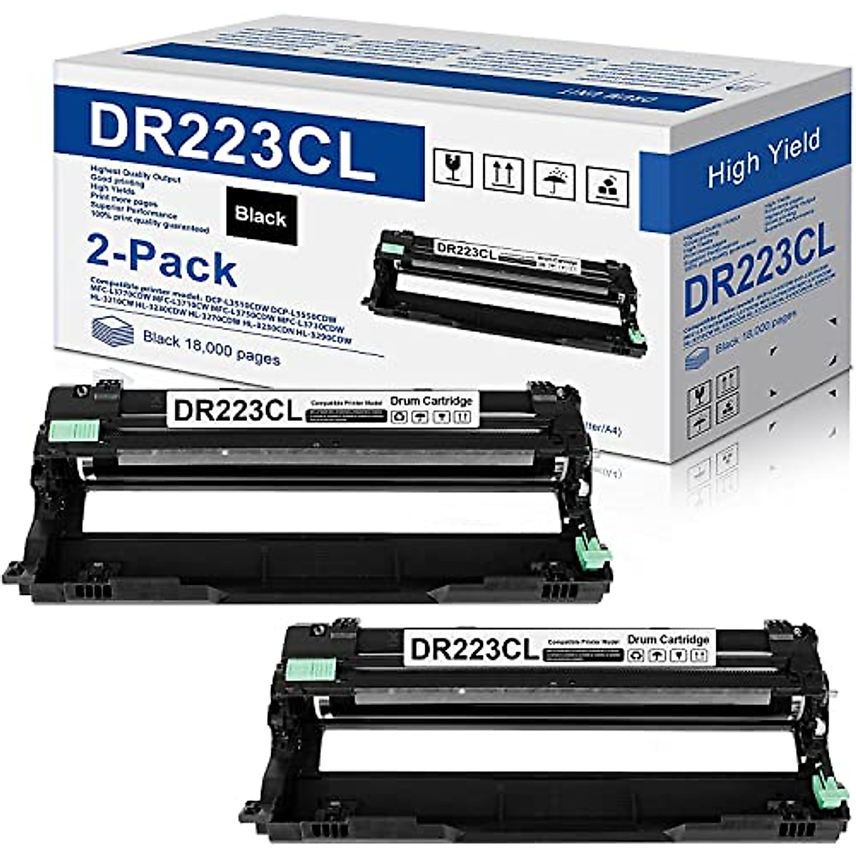 GRATLOV 2-Pack Black Compatible Drum Unit Replacement for Brother DR223CL DR223 DR-223 use with MFC-L3770CDW MFC-L3750CDW HL-L3230CDW HL-L3290CDW HL-L3210CW MFC-L3710CW Printer
