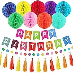 RUBFAC Rainbow Birthday Decorations Set, Colourful Happy Birthday Banner, Tissue Paper Pompoms, Circle Dots Garland and Paper Tassels Garland for Birthday Party Decorations